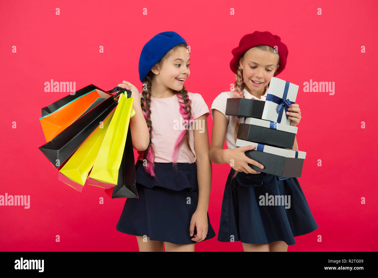 Shopaholic concept. Shopping become fun with best friends. Kids cute ...