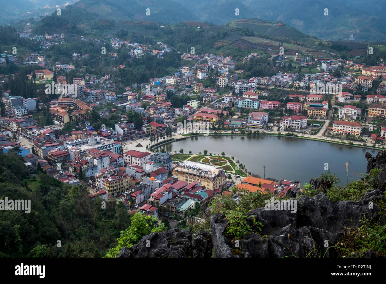 Aerial view of Sapa, Vietnam. Sapa is one of the must-visit locations ...