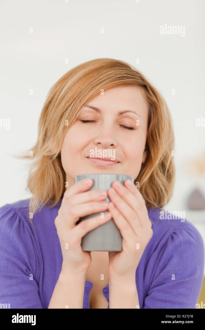 Lady smell smile drink hi-res stock photography and images - Alamy