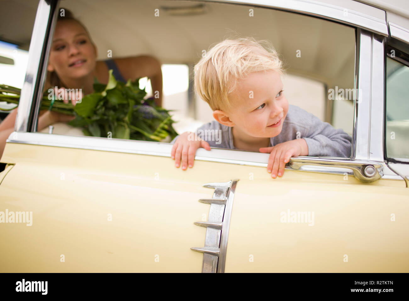 Boy leaning out car window Stock Photo - Alamy