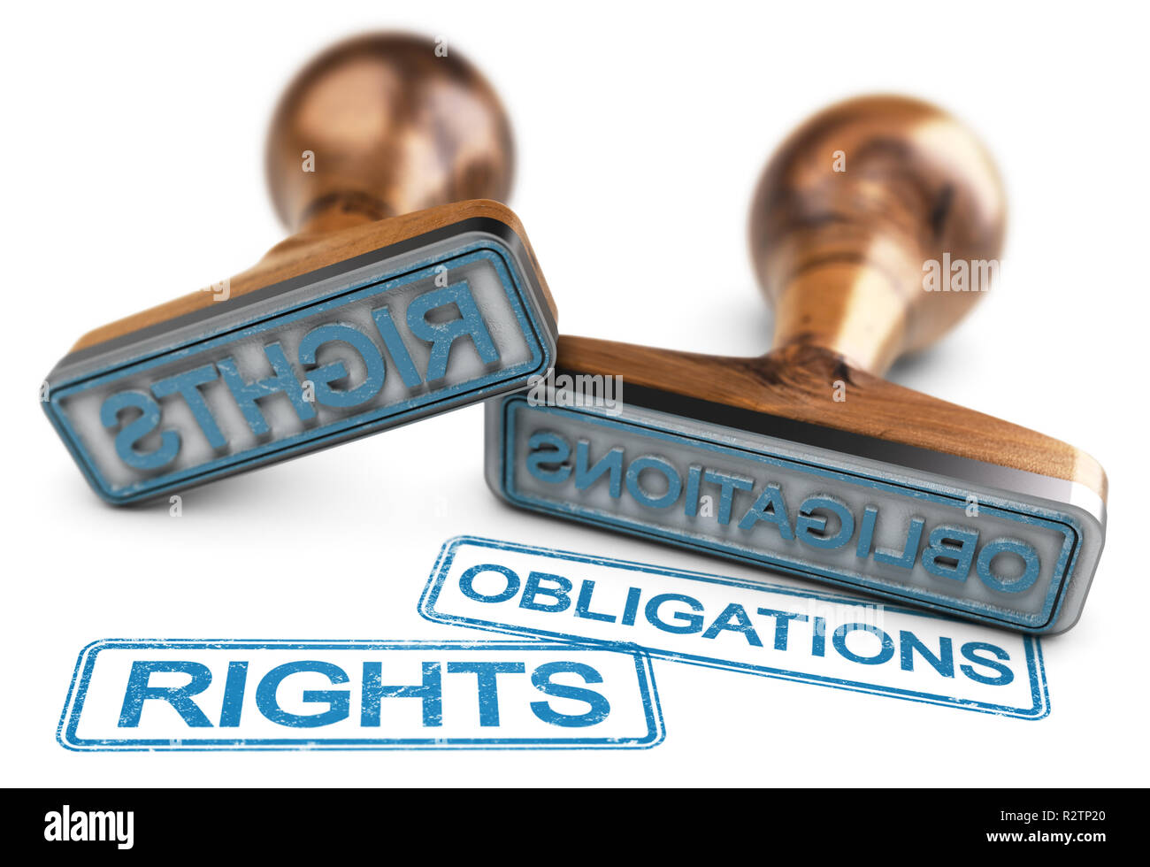 Two rubber stamps with the words rights and obligations over white ...