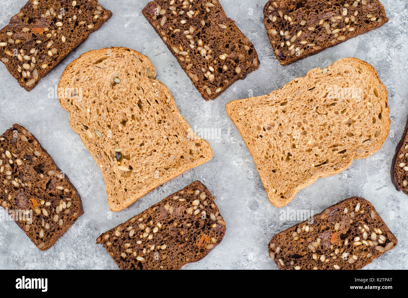 Assortment of rye bread for cooking healthy sandwiches. Top view flat ...