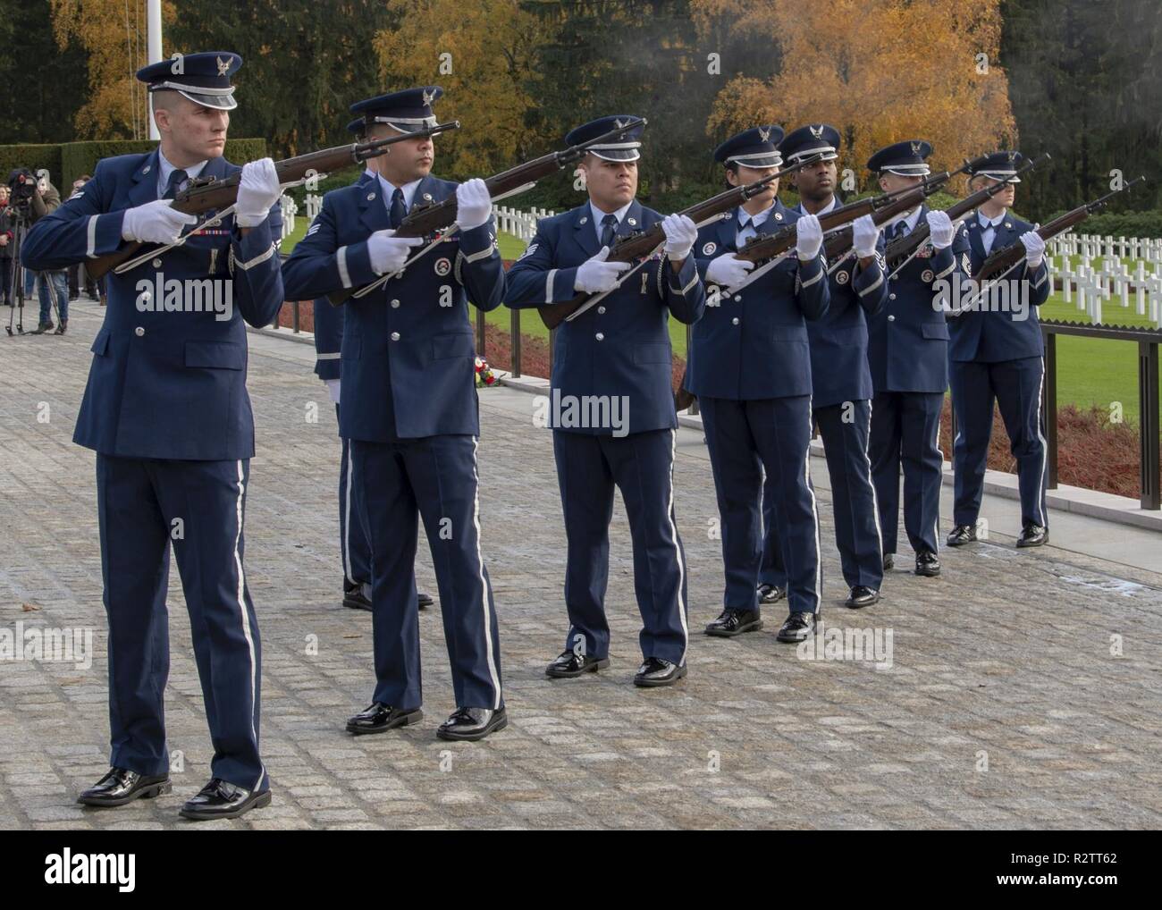 Members of the Spangdahlem Base Honor Guard perform a three-volley ...