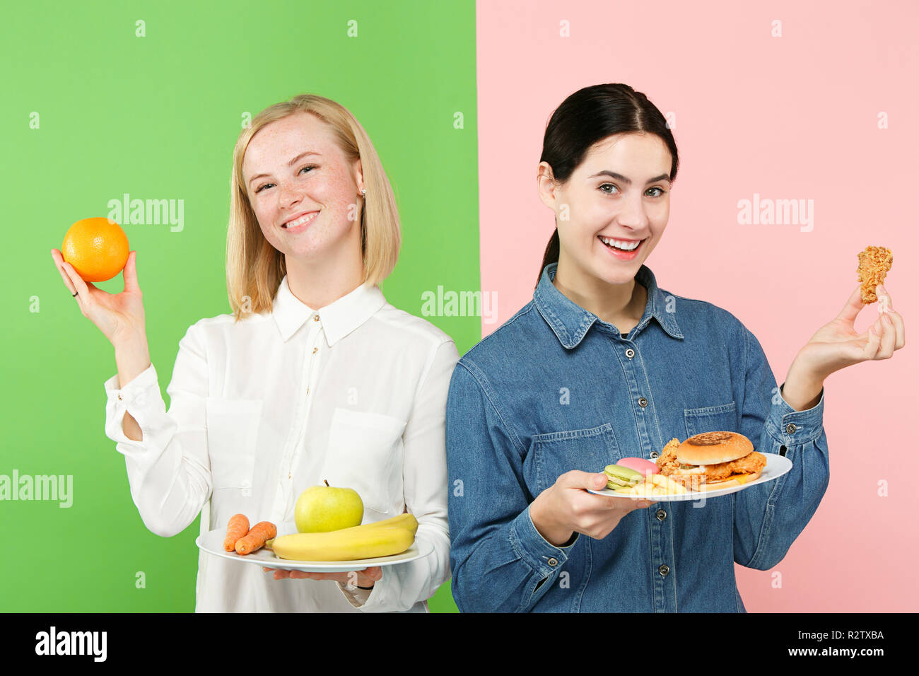 Diet. Dieting concept. Healthy useful food. Beautiful young women ...