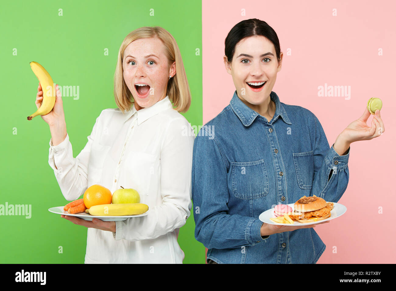 Diet. Dieting concept. Healthy useful food. Beautiful young women ...