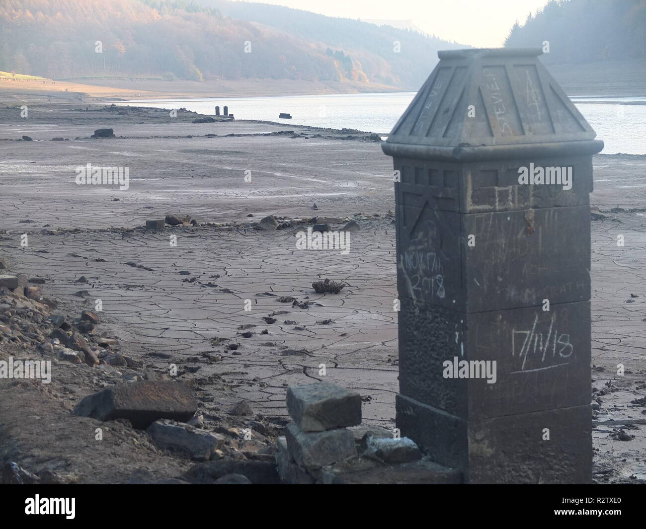 The exposed ruins of the demolished Derwent Hall normally on bed of ...