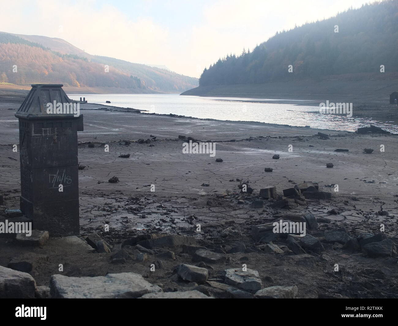 The exposed ruins of the demolished Derwent Hall normally on bed of ...