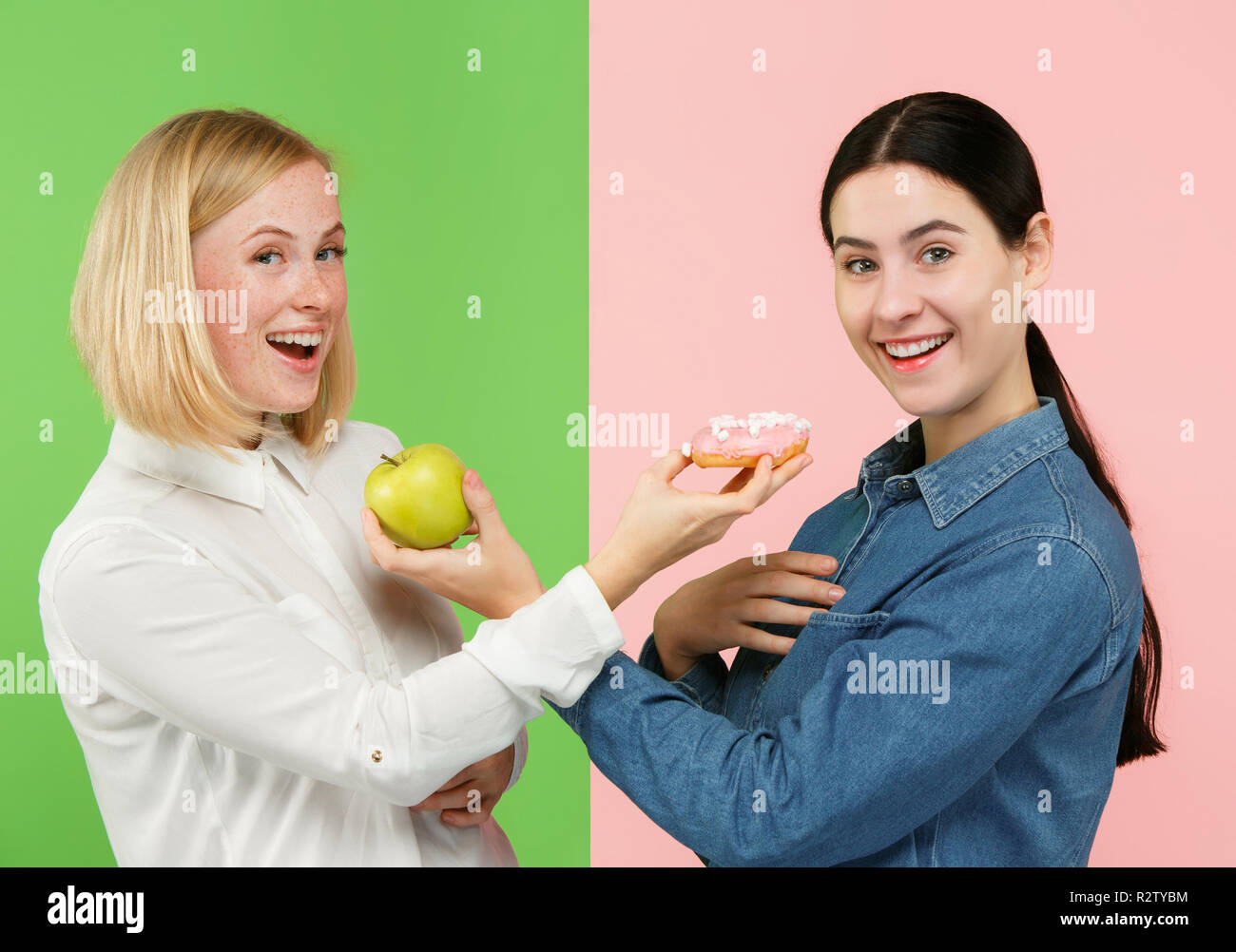 Diet. Dieting concept. Healthy useful food. Beautiful young women ...