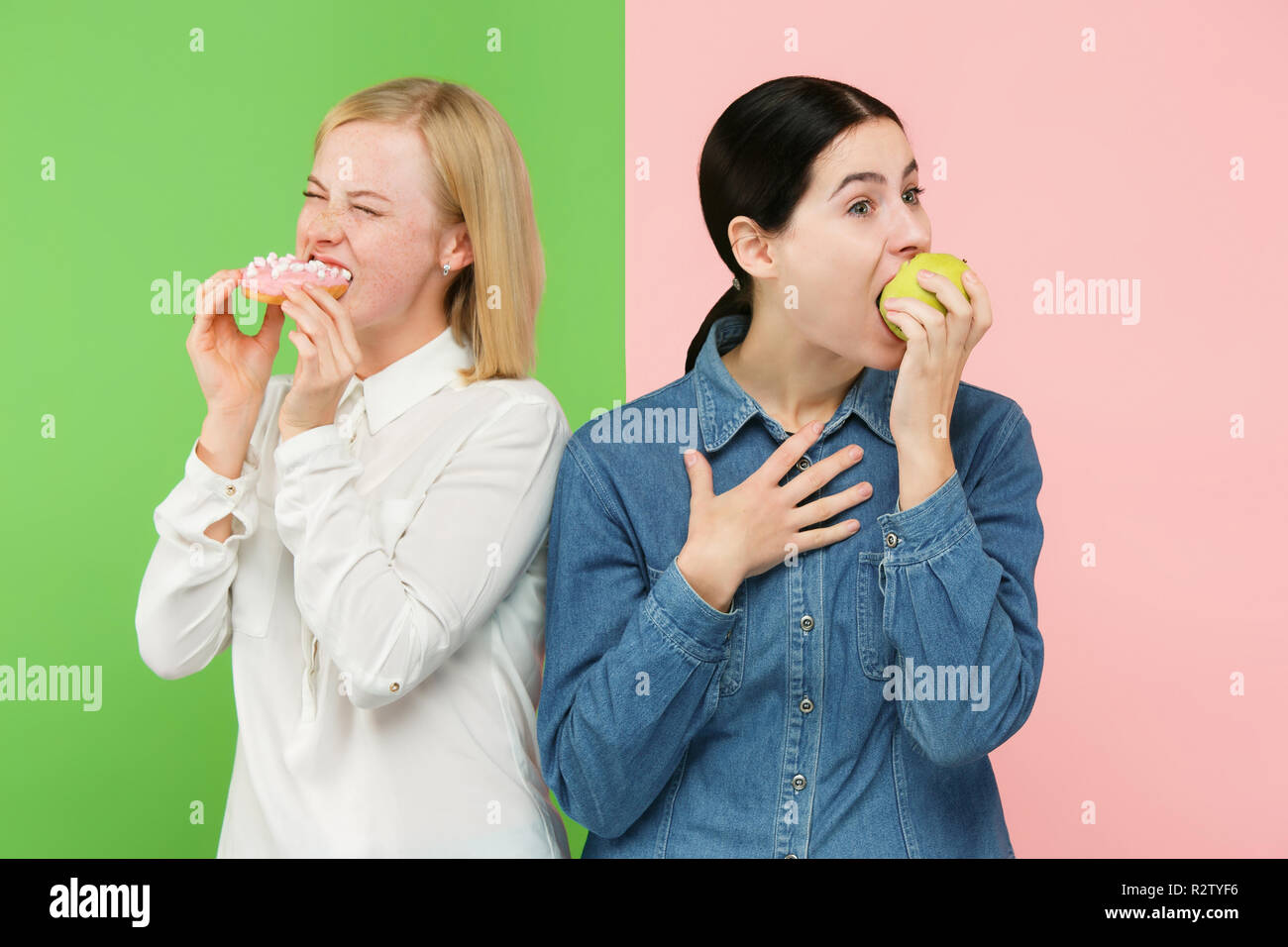 Diet. Dieting concept. Healthy useful food. Beautiful young women ...