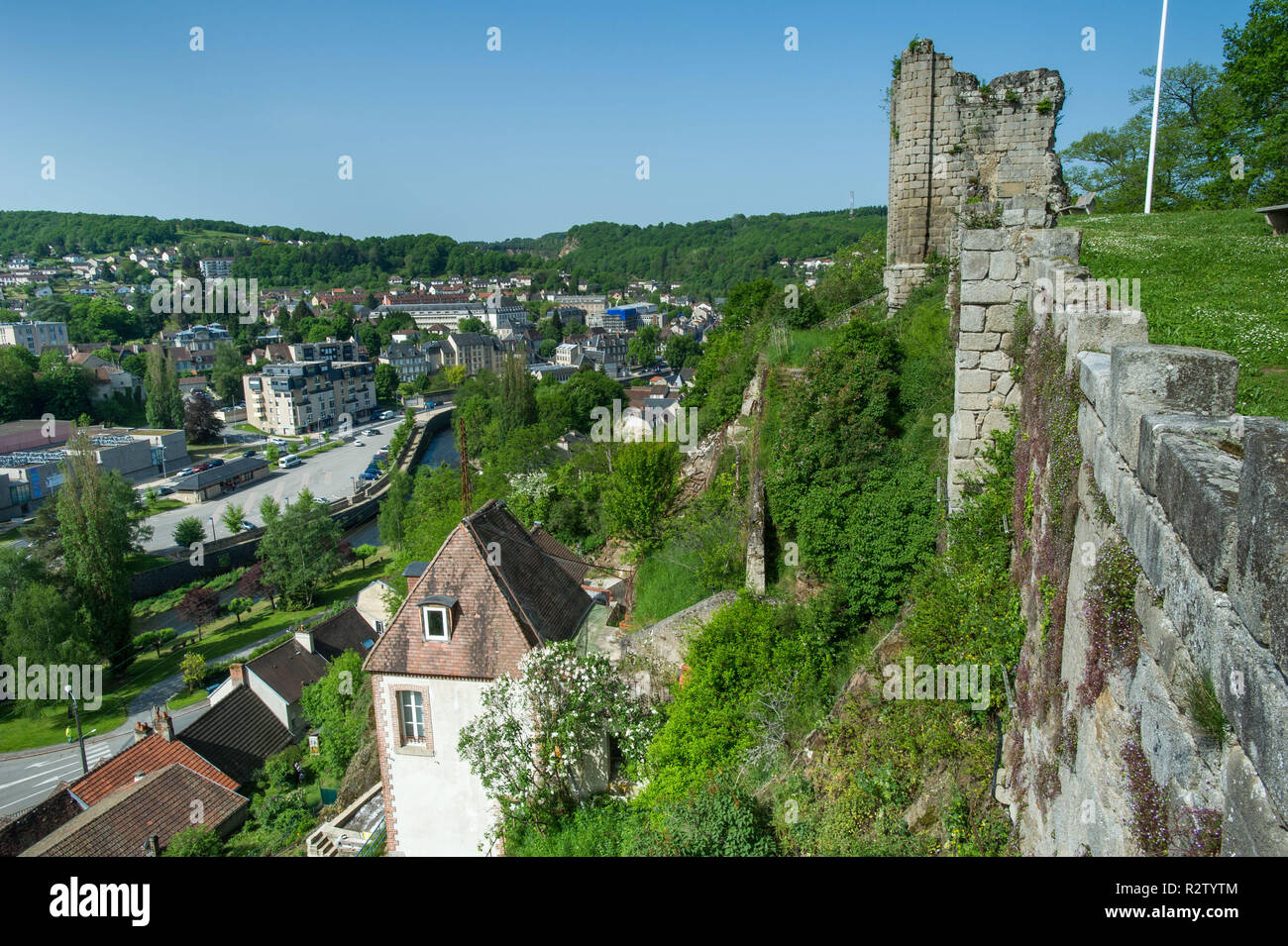 Aubusson (central France). Overview from the ruins of the castle ...