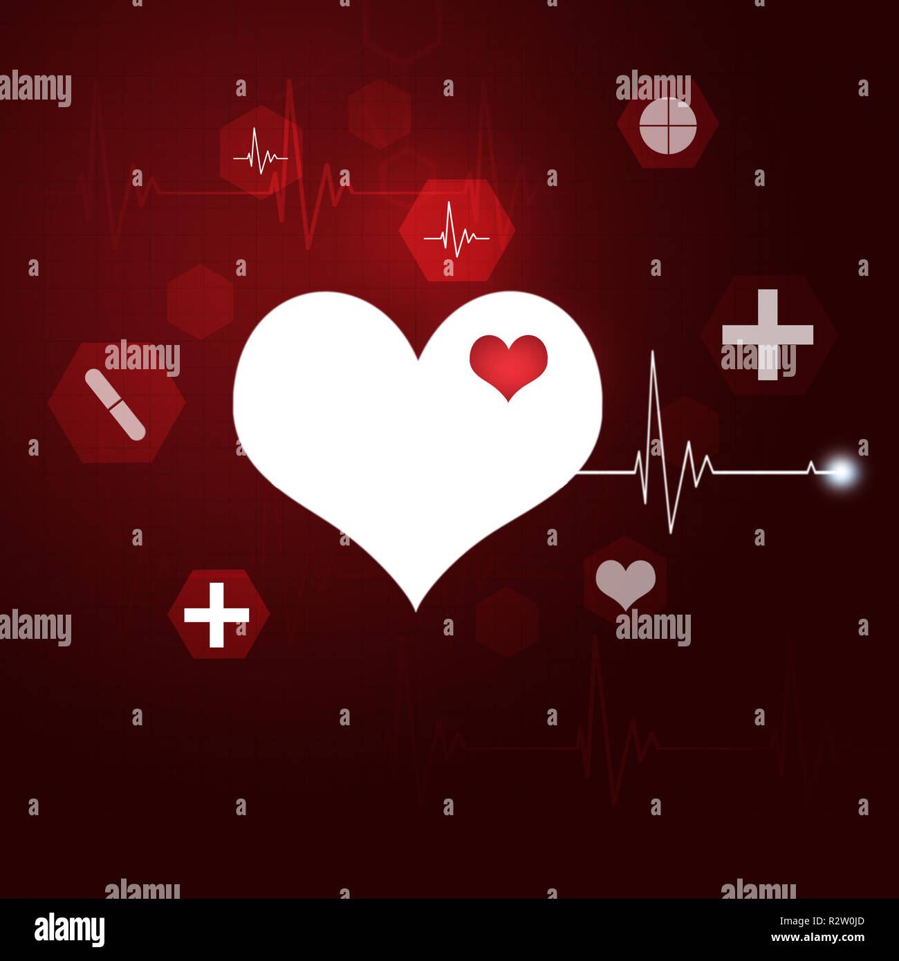 heart pulsating rhythm graph abstract red background with icons Stock ...