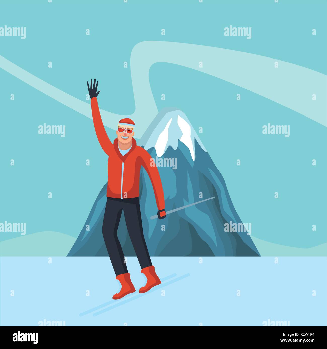 Happy man in winter clothes over mountain with snow vector illustration ...