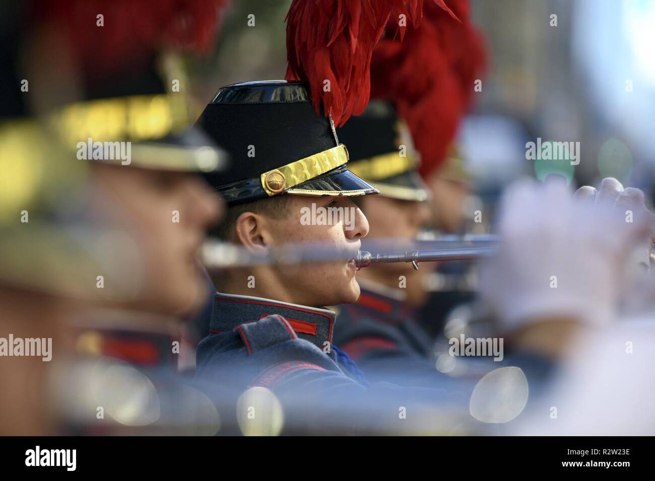A trumpeter stands plays the start of the WW1 centennial New York City ...