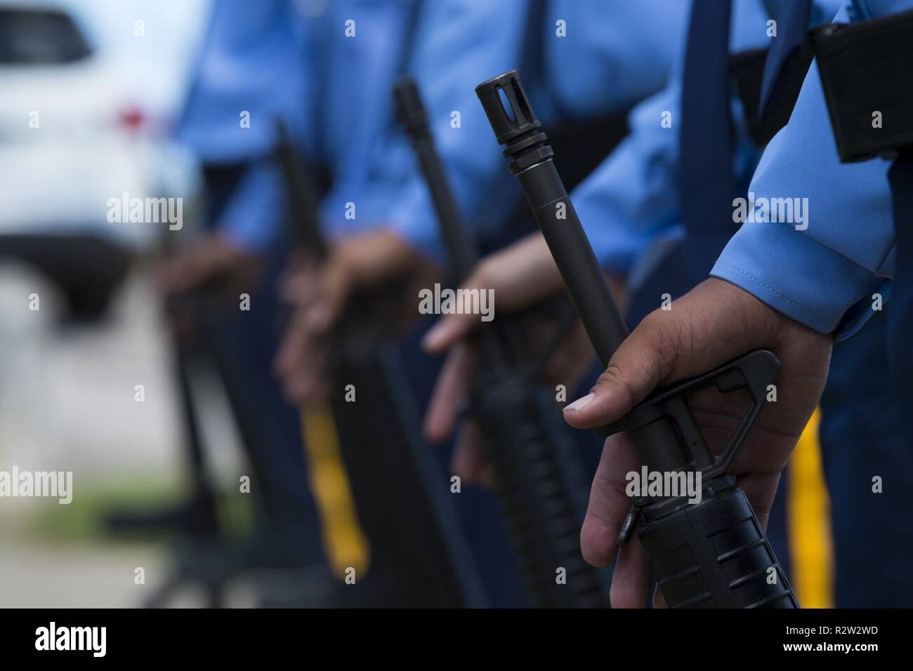 Members of Saipan's Department of Public Safety stand in formation ...
