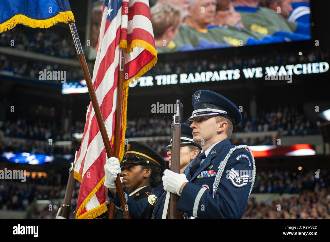 A joint service color guard, comprised of members of the Indiana Air ...