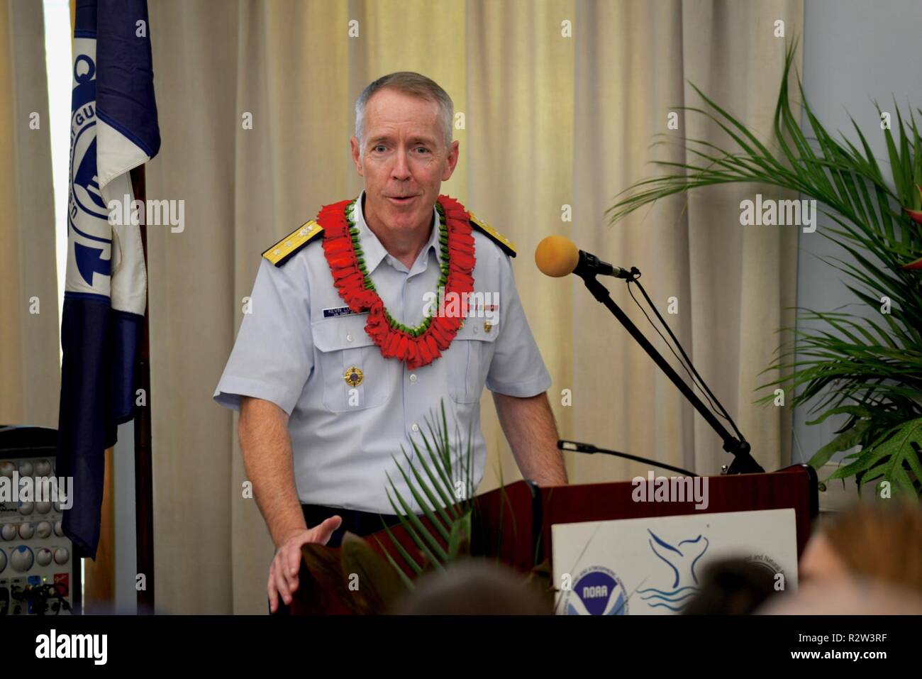 Rear Adm. Kevin Lunday, commander, Coast Guard 14th District, gives ...
