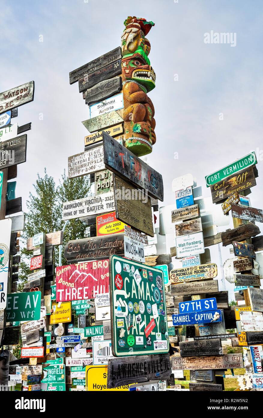 A view of the Watson Lake Sign Post Forest in Yukon, Canada. Visitors ...