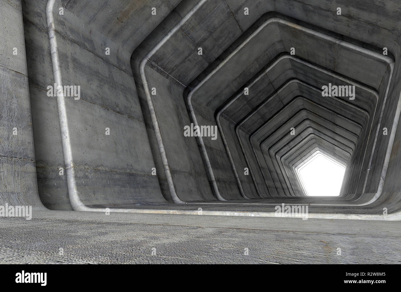 A look down a concrete tunnel made out of pentagonal geometric shapes ...