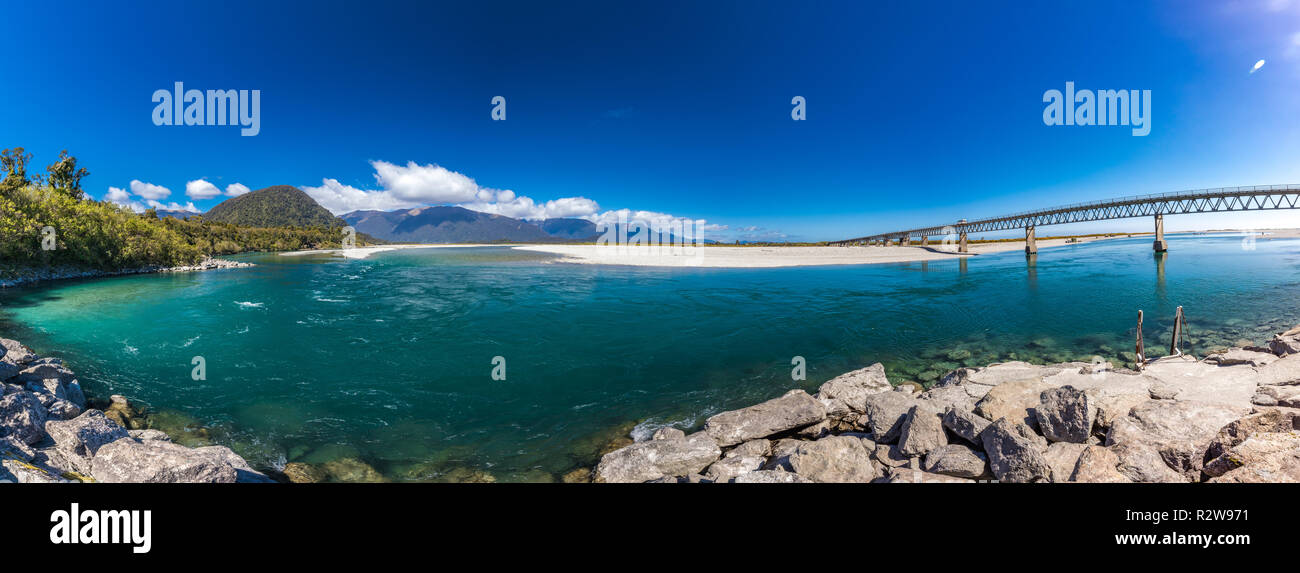 New Zealand's longest one-lane bridge over the Haast River, South ...