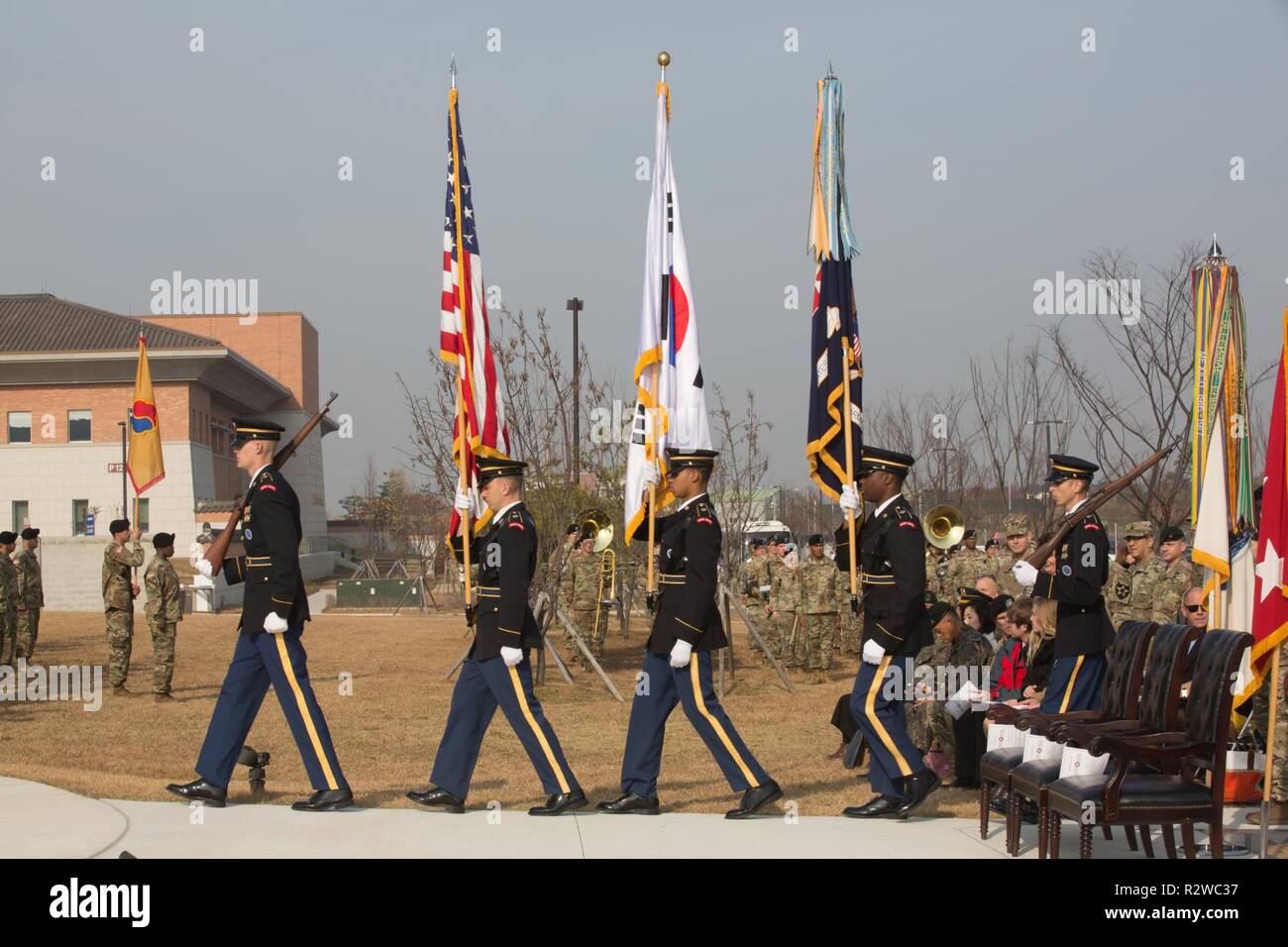 Members of the Eighth Army Honor Guard post the colors during the ...