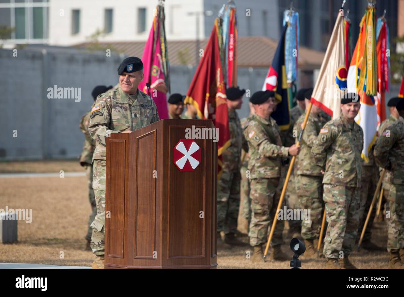 Command Sgt. Maj. Richard Merritt addresses service members and guests ...