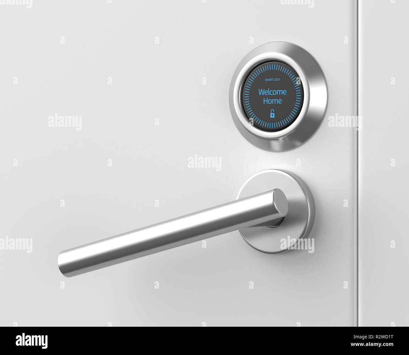 3d rendered unlocked smart lock on a white front door Stock Photo - Alamy