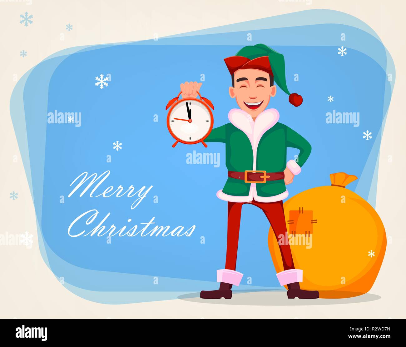Christmas greeting card. Handsome Santa Claus helper elf. Cheerful ...