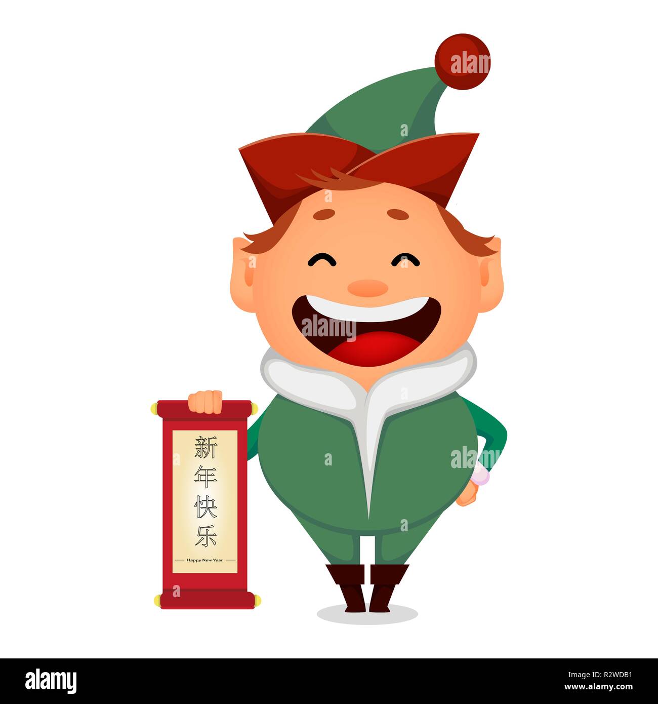 Funny Santa Claus helper elf. Cheerful cartoon character holds scroll ...