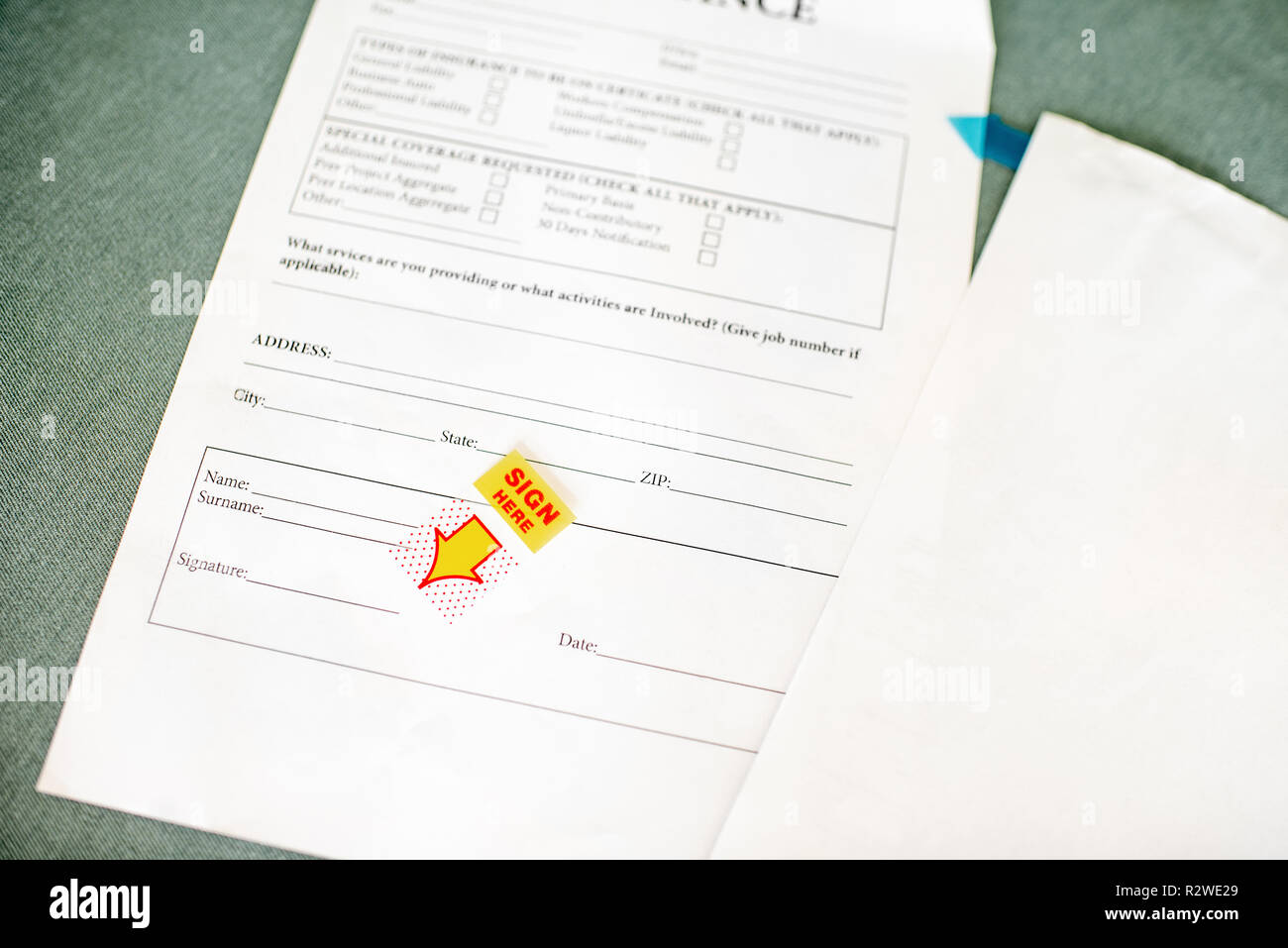 Document paper with parsonal information and sign here sticker Stock ...