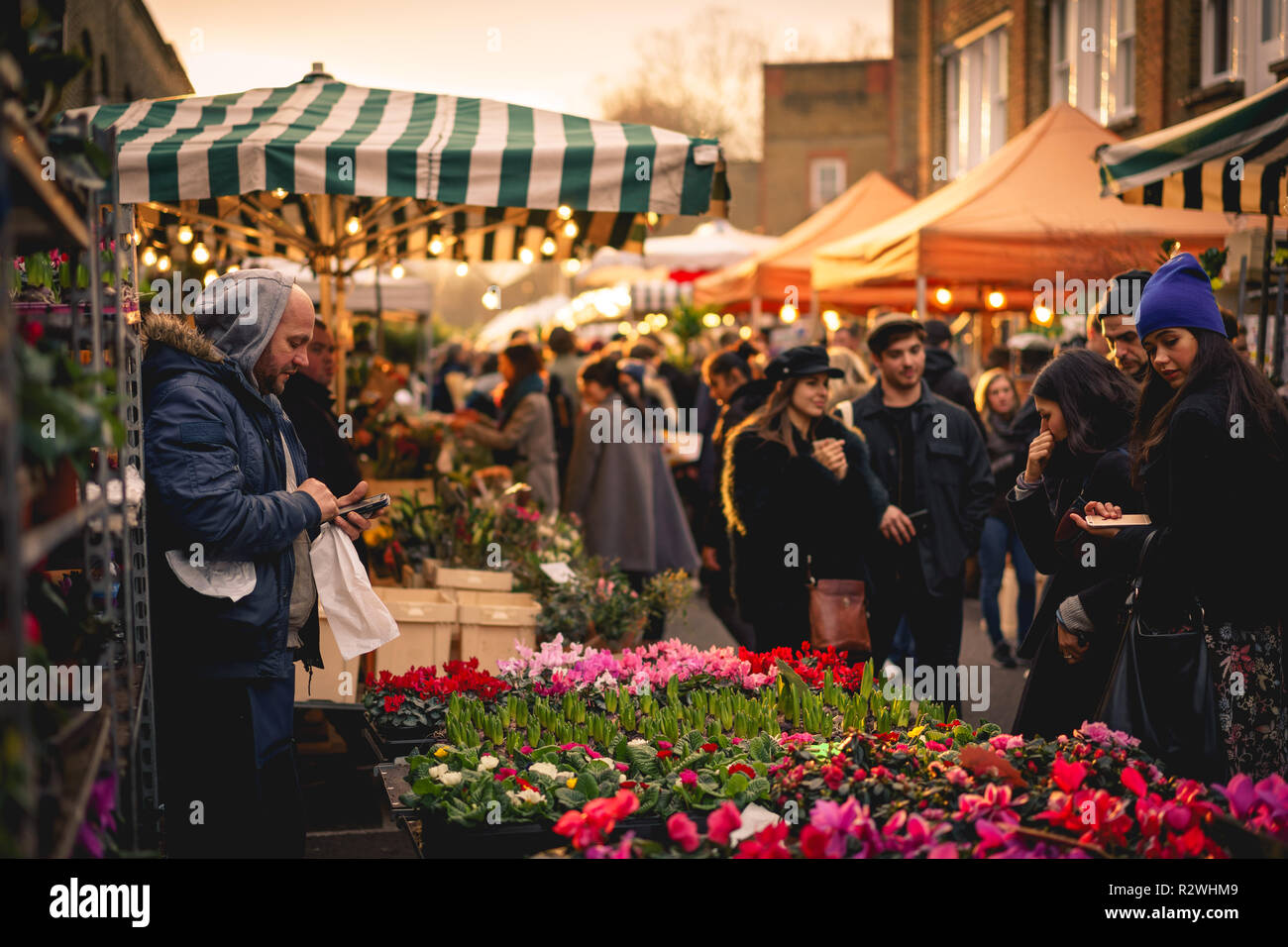London, UK - January 2018. The Columbia Road Flower Market, a Sunday ...