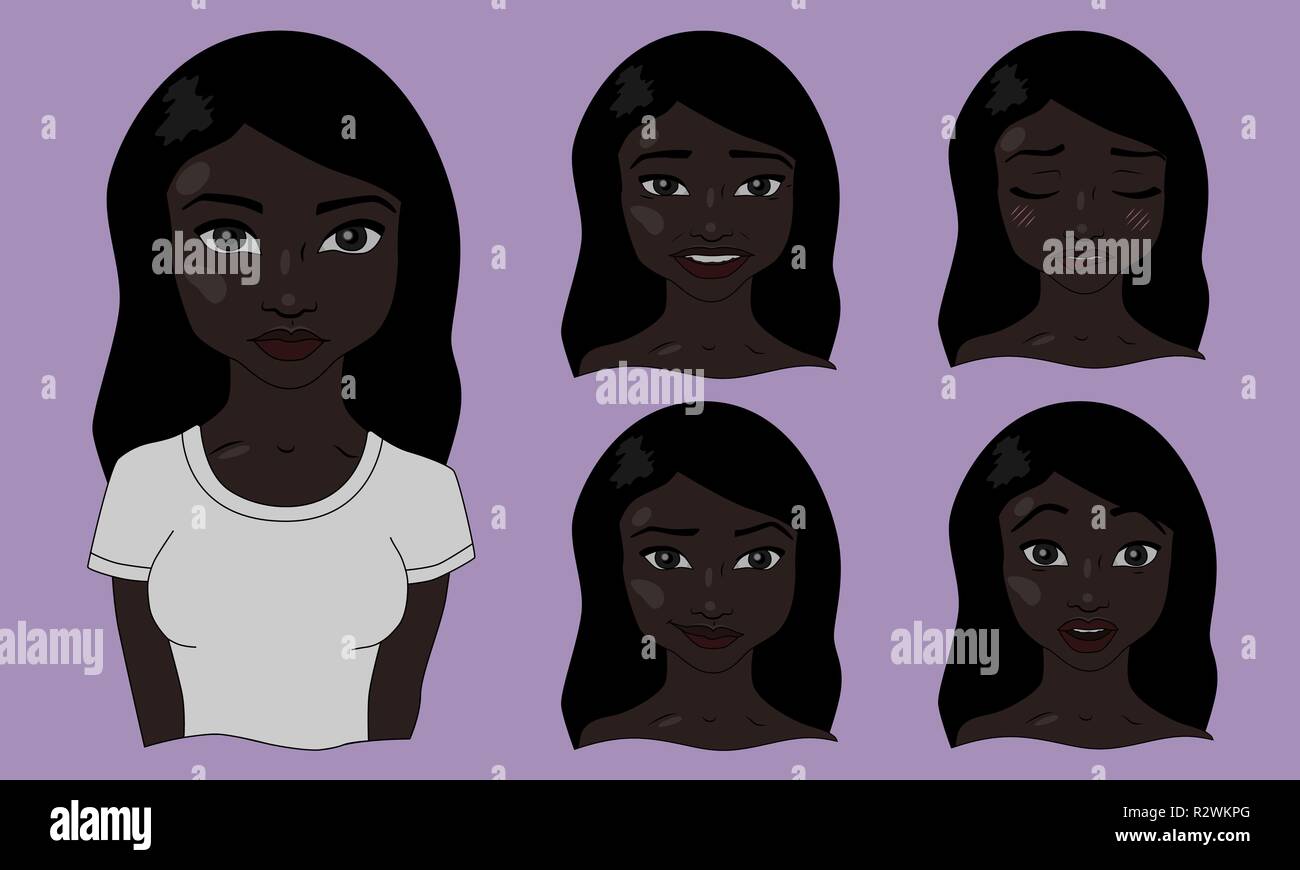 African girl with straight hair, set of emotions, vector illustration ...