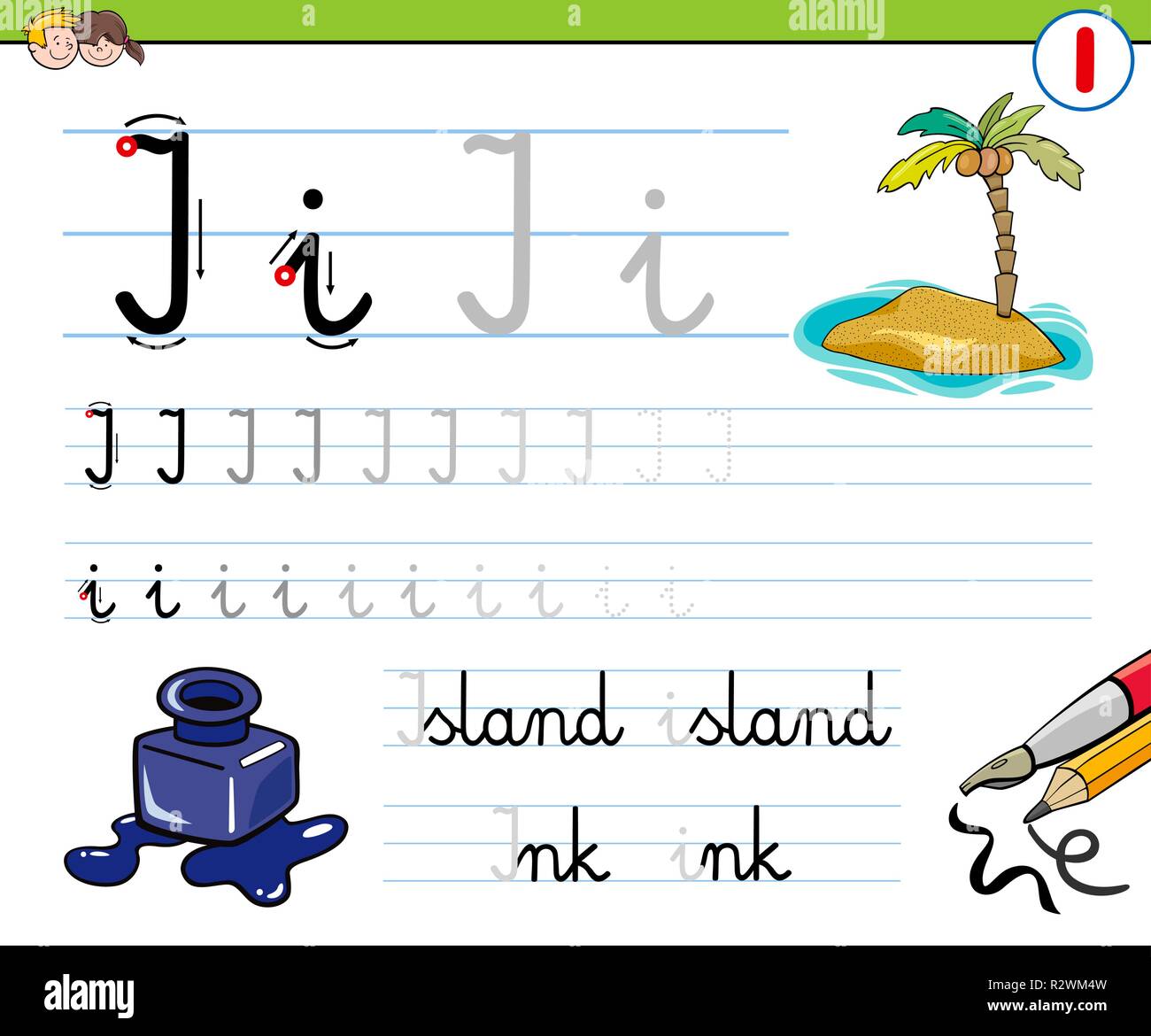 Cartoon Illustration of Writing Skills Practice with Letter I for ...