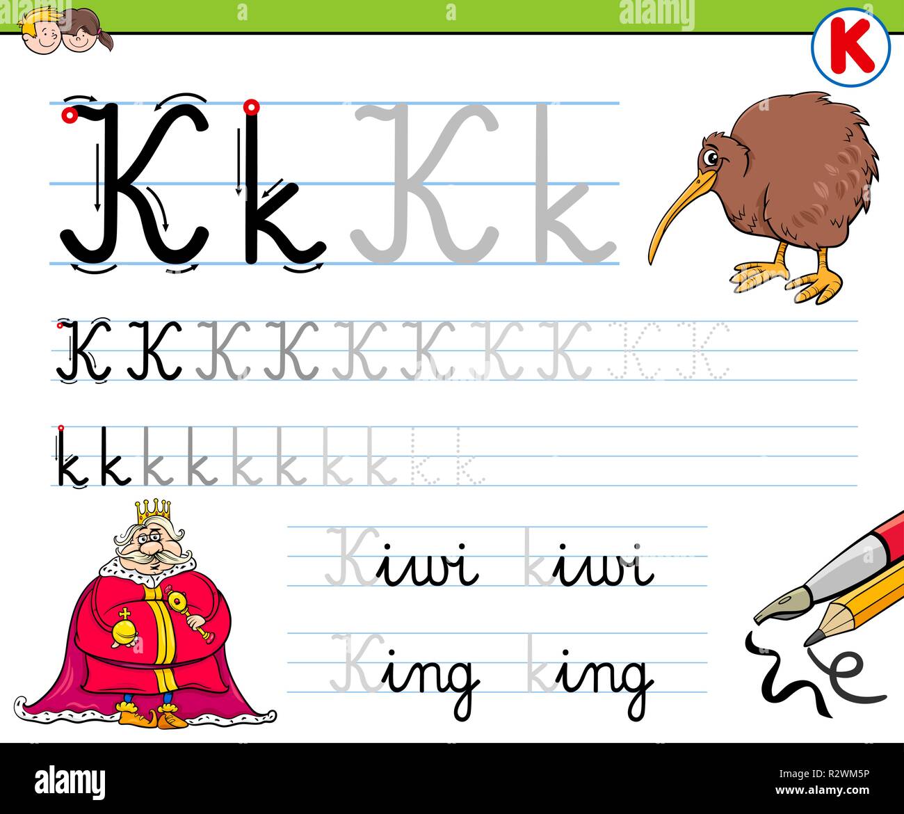 Cartoon Illustration of Writing Skills Practice with Letter K for ...
