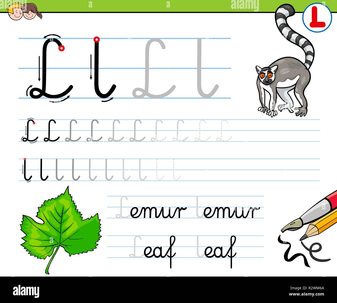 Cartoon Illustration of Writing Skills Practice with Letter L for ...
