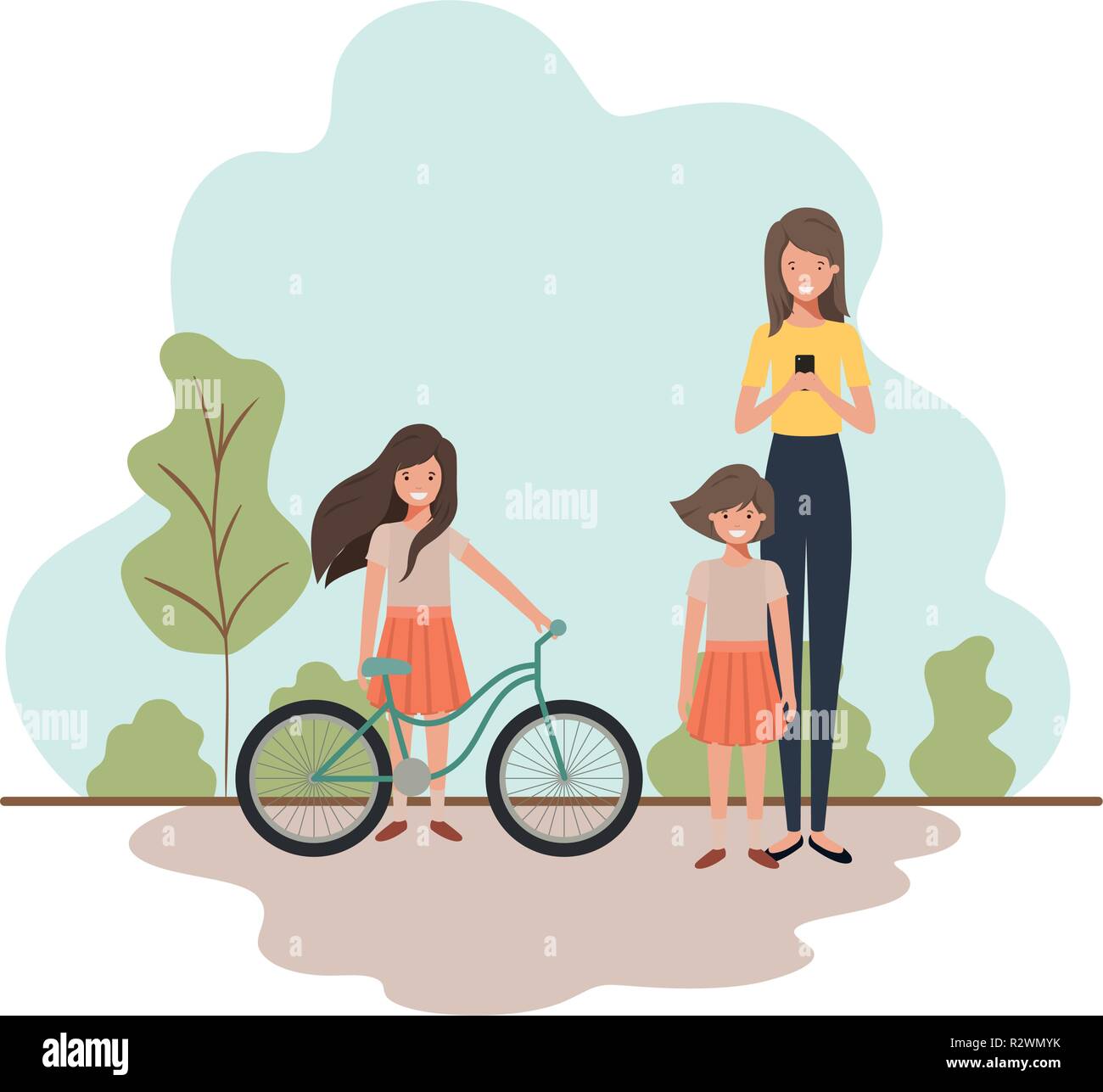 mother and daughters with bicycle in landscape Stock Vector Image & Art ...