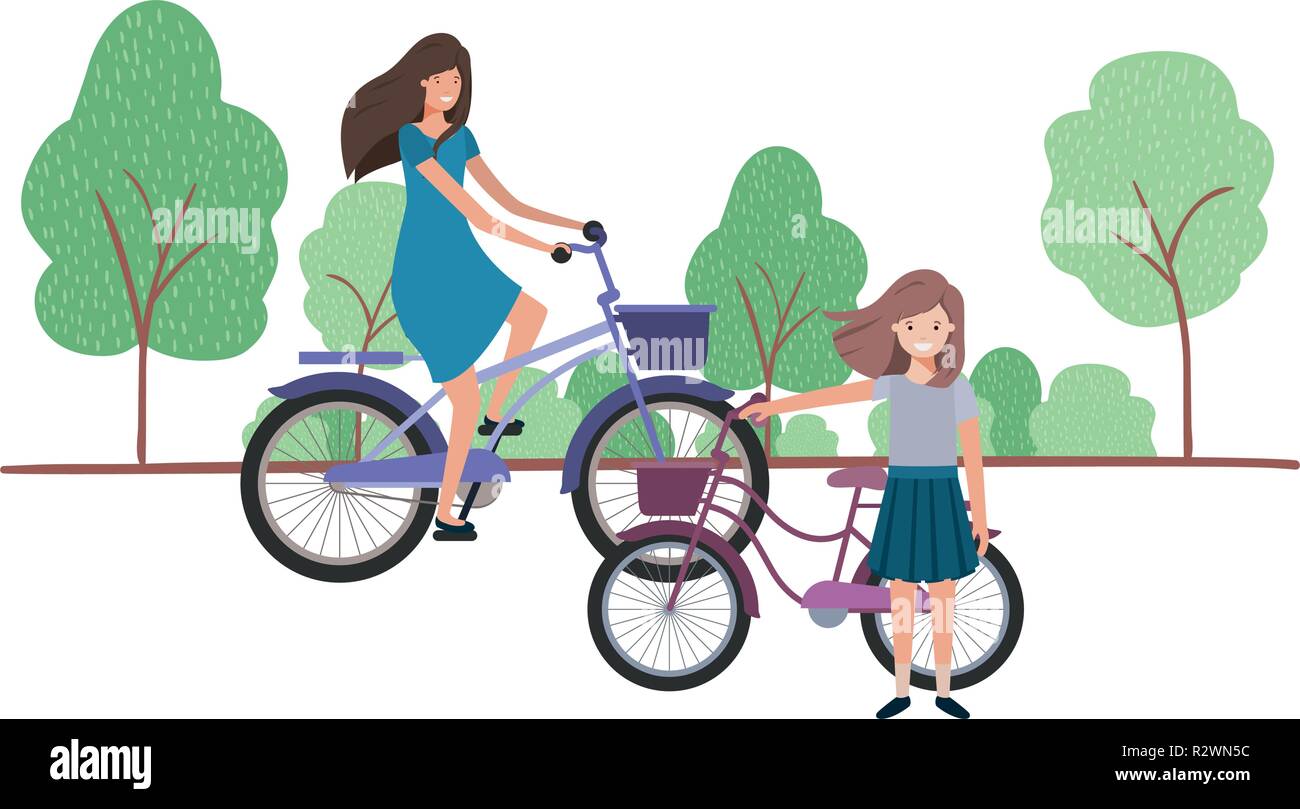 mother and daughter with bicycle in landscape Stock Vector Image & Art ...