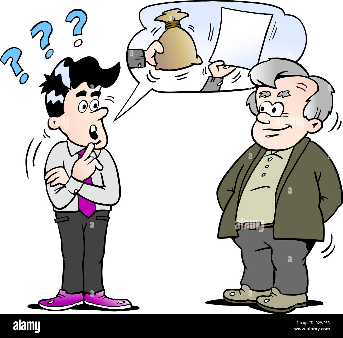 Cartoon Vector illustration of a sales man giving older man investment ...