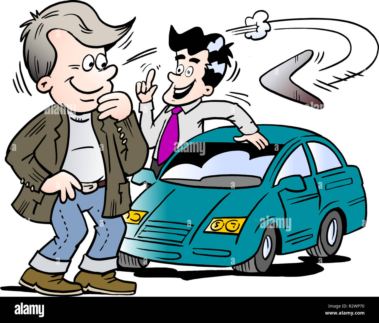 Cartoon Vector illustration of a car seller and a customer looking at a ...