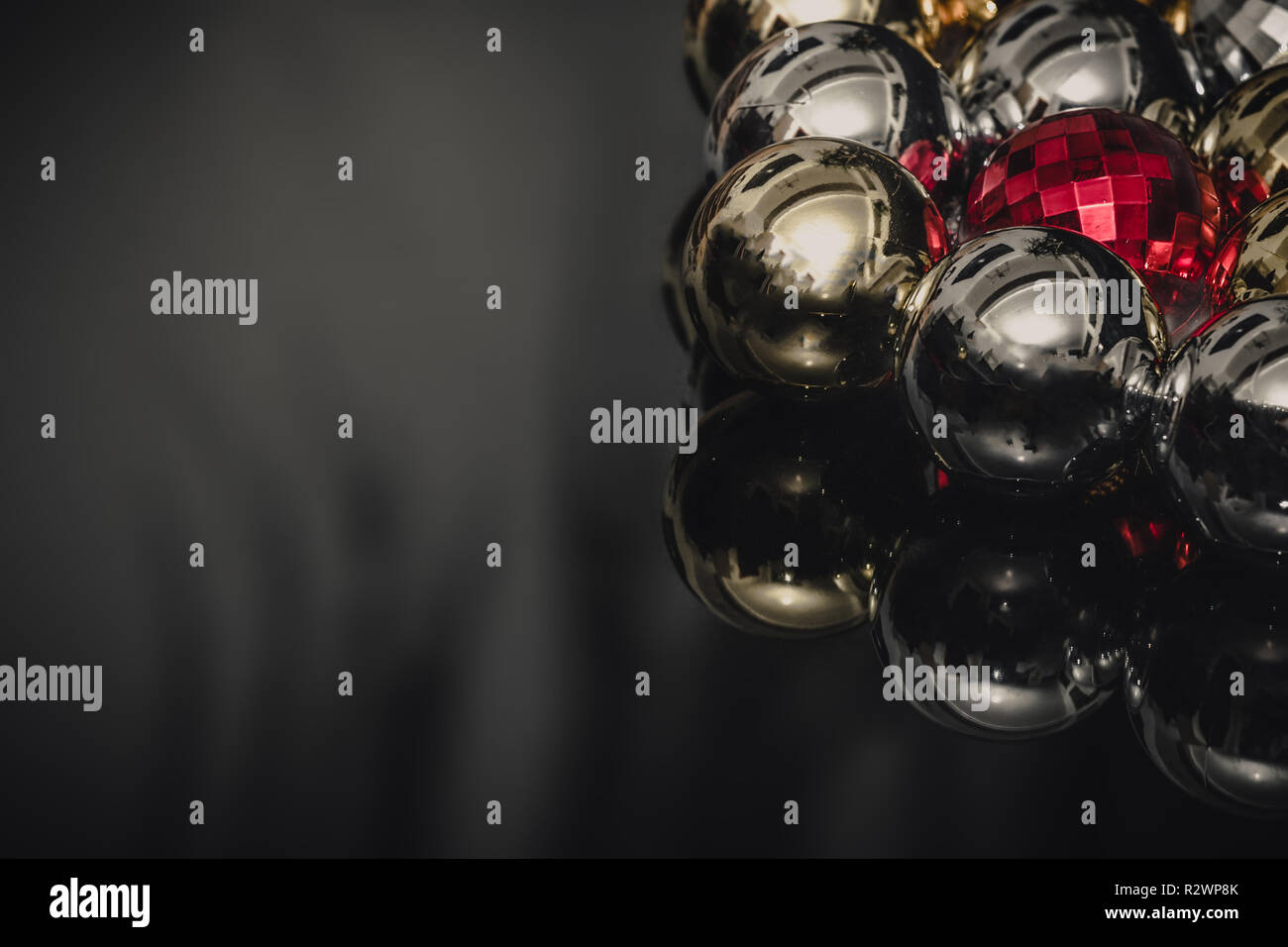 Christmas baubles setup, corner motive and blurry background. Seasonal ...