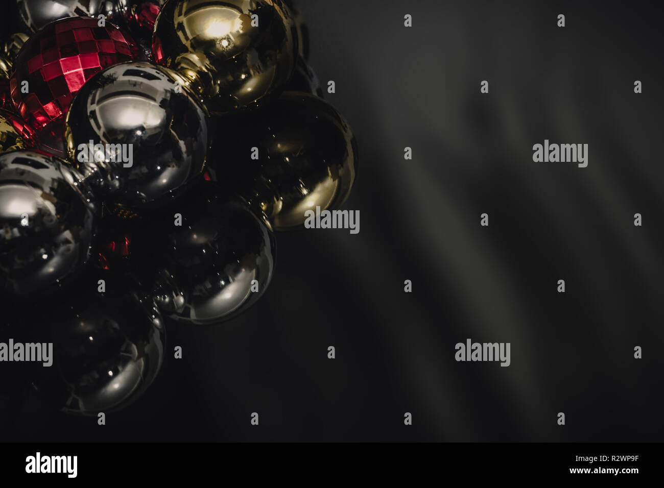 Christmas baubles setup, corner motive and blurry background. Seasonal ...
