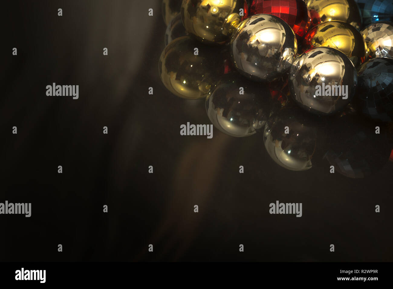 Christmas baubles setup, corner motive and blurry background. Seasonal ...