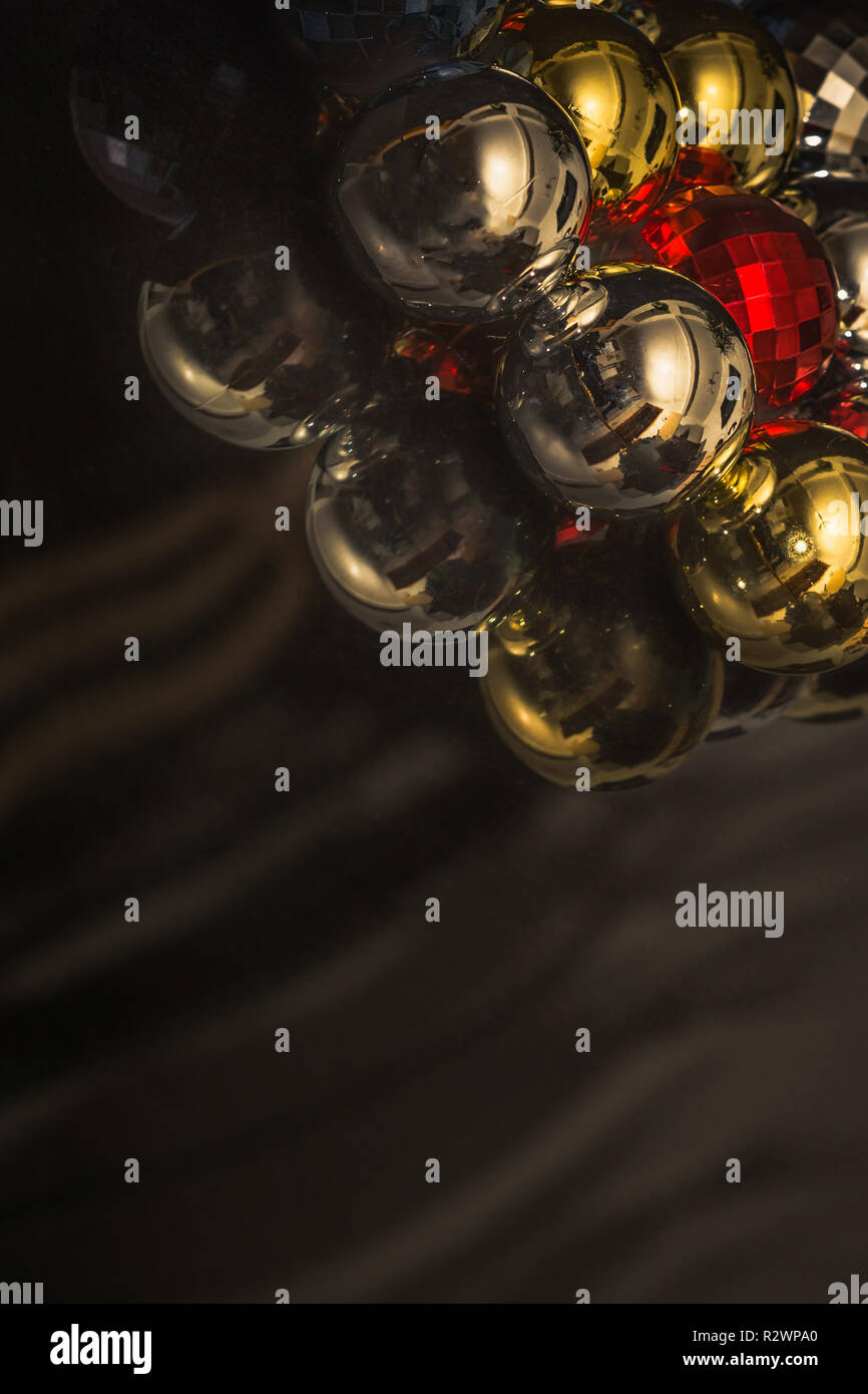 Christmas baubles setup, corner motive and blurry background. Seasonal ...