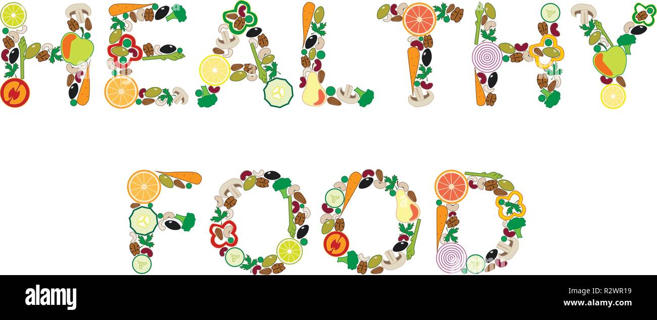 Lettering 'HEALTHY FOOD' from vegetables and fruits, vector ...