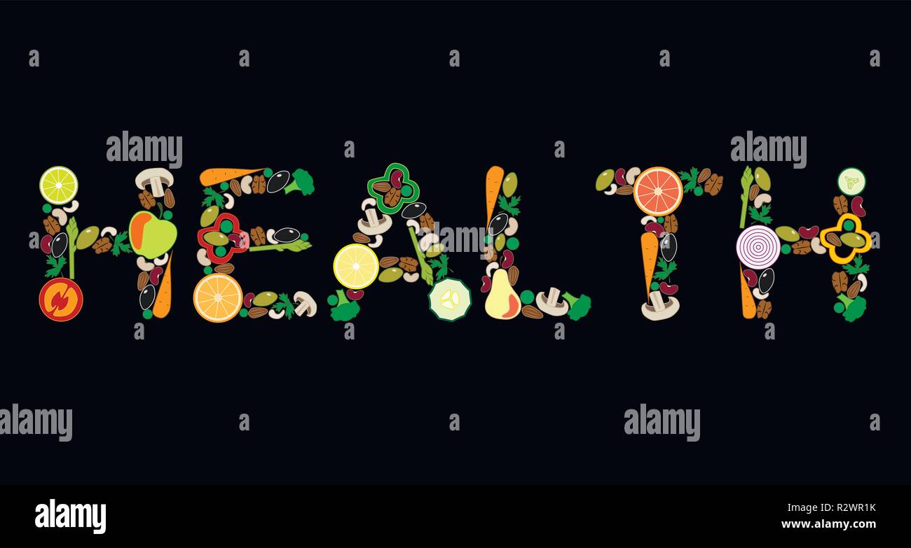 Lettering 'HEALTH' from vegetables and fruits, vector illustration ...