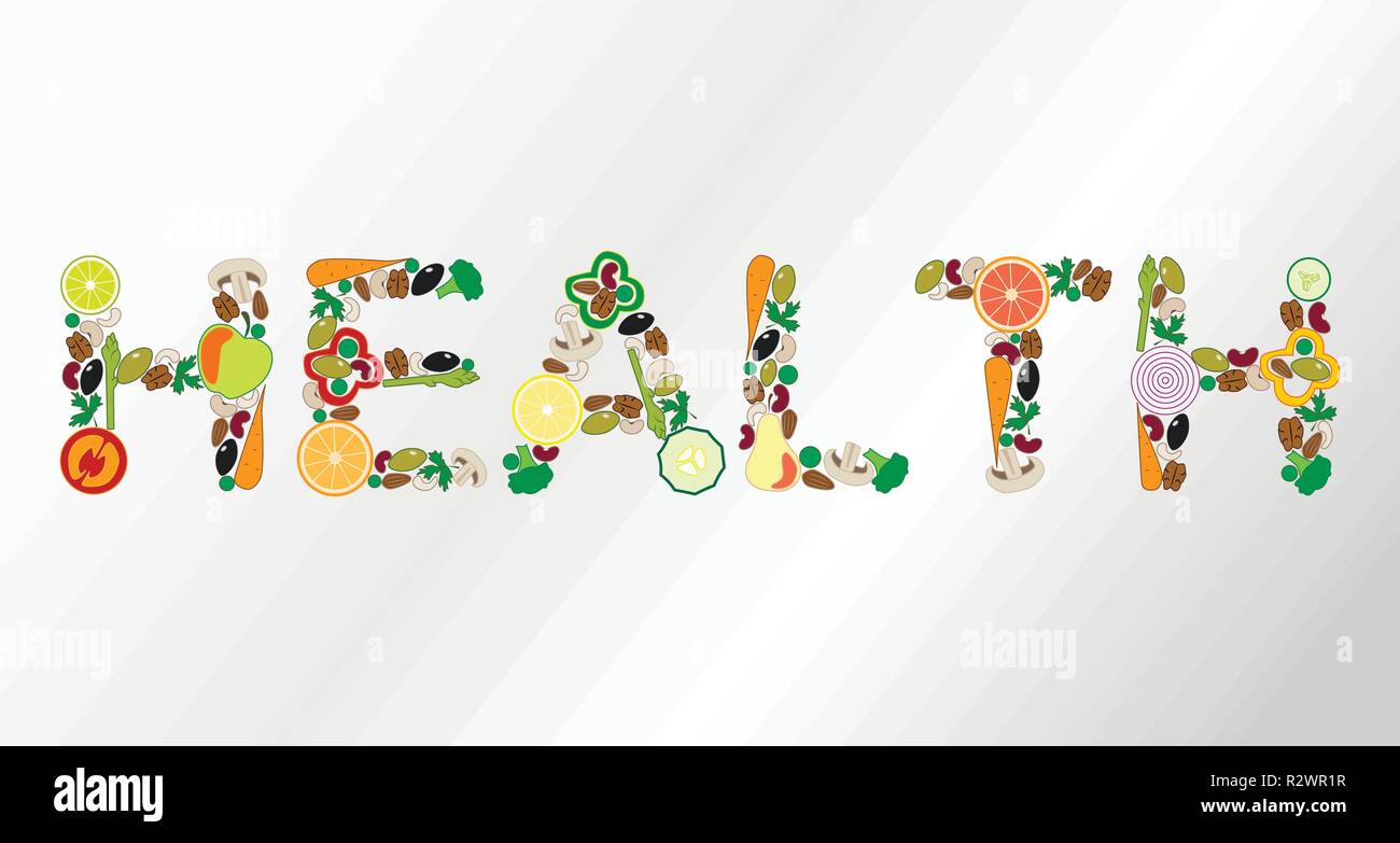 Lettering 'HEALTH' from vegetables and fruits, vector illustration ...