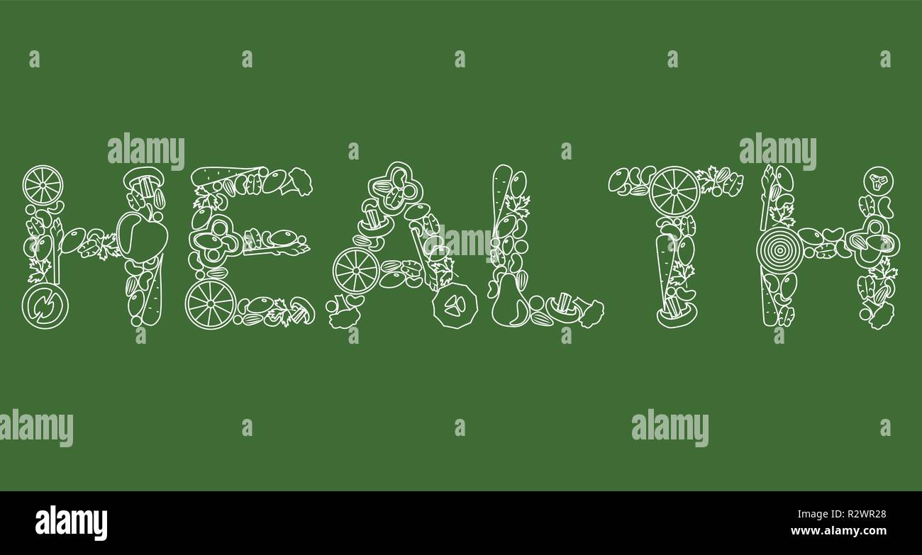 Lettering 'HEALTH' from outlines of vegetables and fruits, vector ...