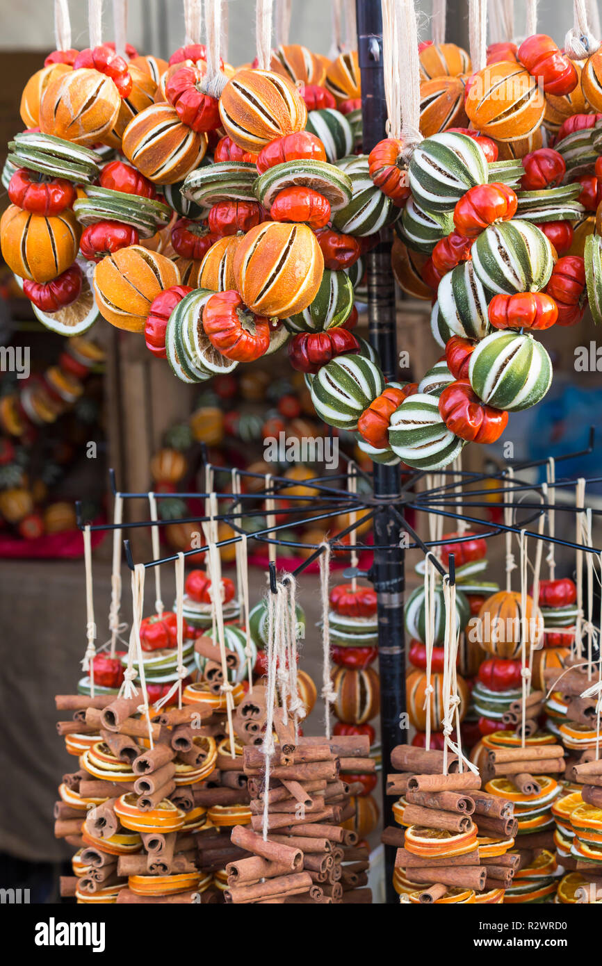 Scented spice fruit products on market stall at Gloucester Quays ...