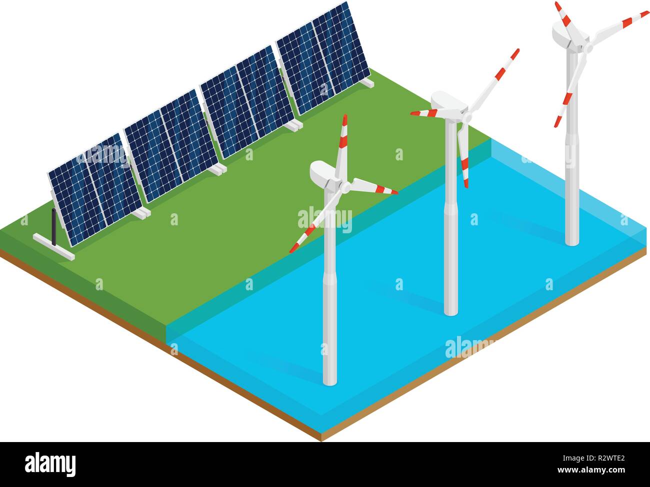 Isometric plant solar panels and offshore wind turbines. Eco renewable ...