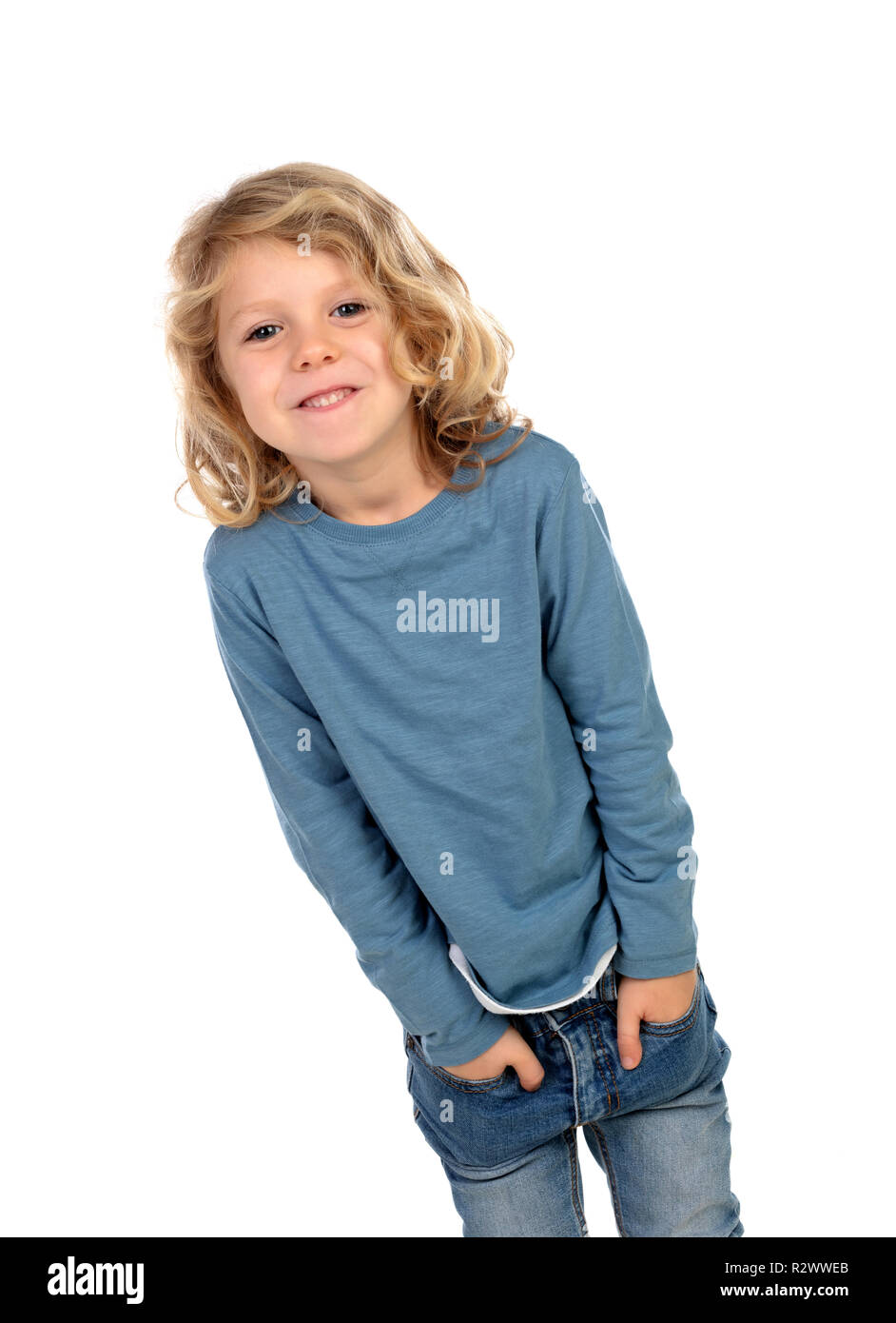 Happy blond child with long hair isolated on a white background Stock ...