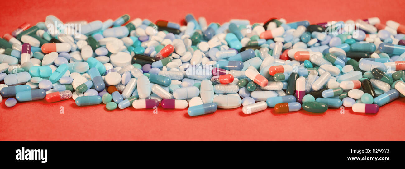 Colorful medicine medication panorama header background with pills and ...